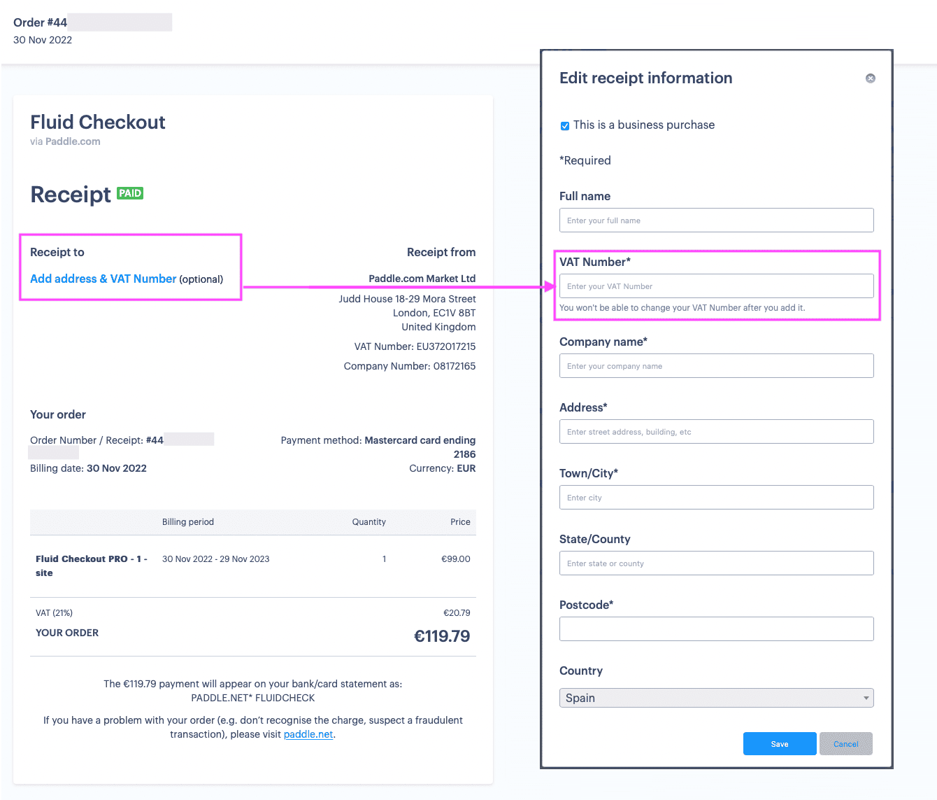 Finding my invoice, adding billing details and VAT number — Fluid Checkout